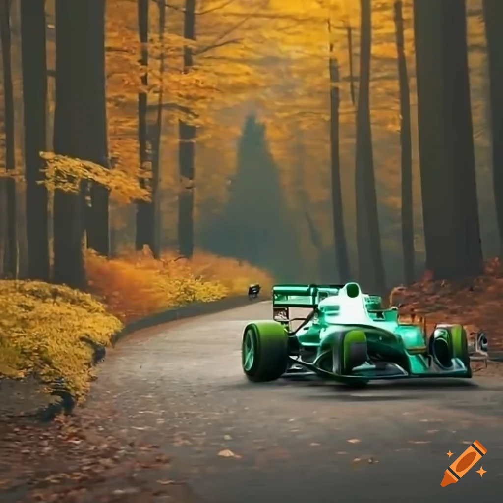 Green formula 1 car driving through an autumn forest on Craiyon