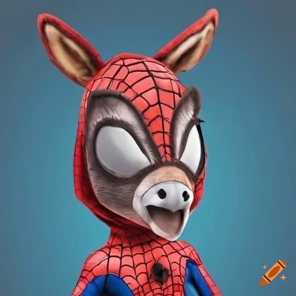 Donkey dressed as spiderman with other donkeys