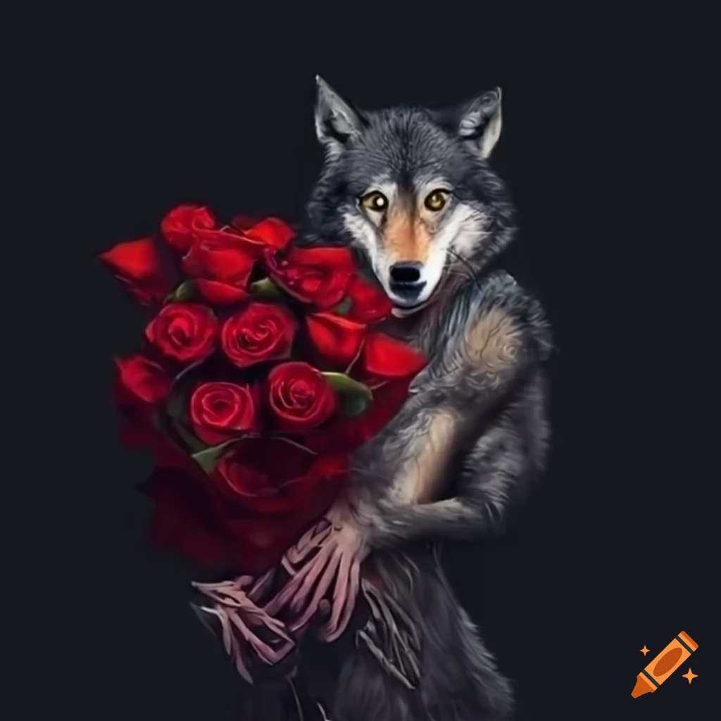 Wolf holding a bouquet of red roses on Craiyon