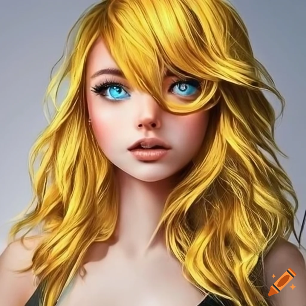 Portrait Of A Woman With Blue Eyes And Yellow Wavy Hair On Craiyon