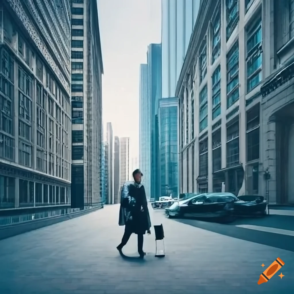 Person walking into a tall office building in the city on Craiyon