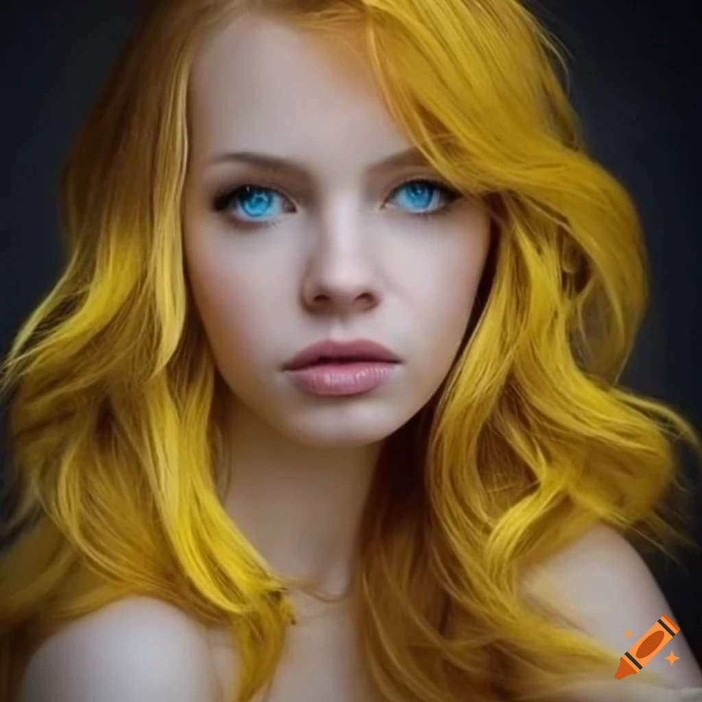 Portrait of a woman with blue eyes and yellow wavy hair