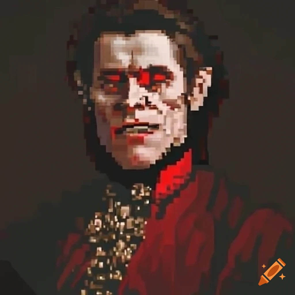 Willem Dafoe as Victorian vampire in 8-bit style portrait on Craiyon