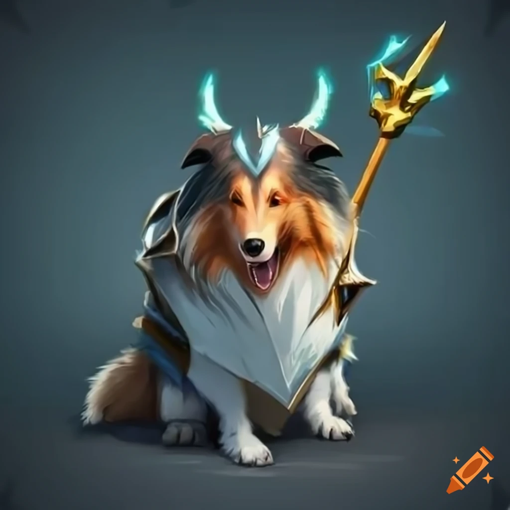 Sheltie dog in armor and holding a trident on Craiyon