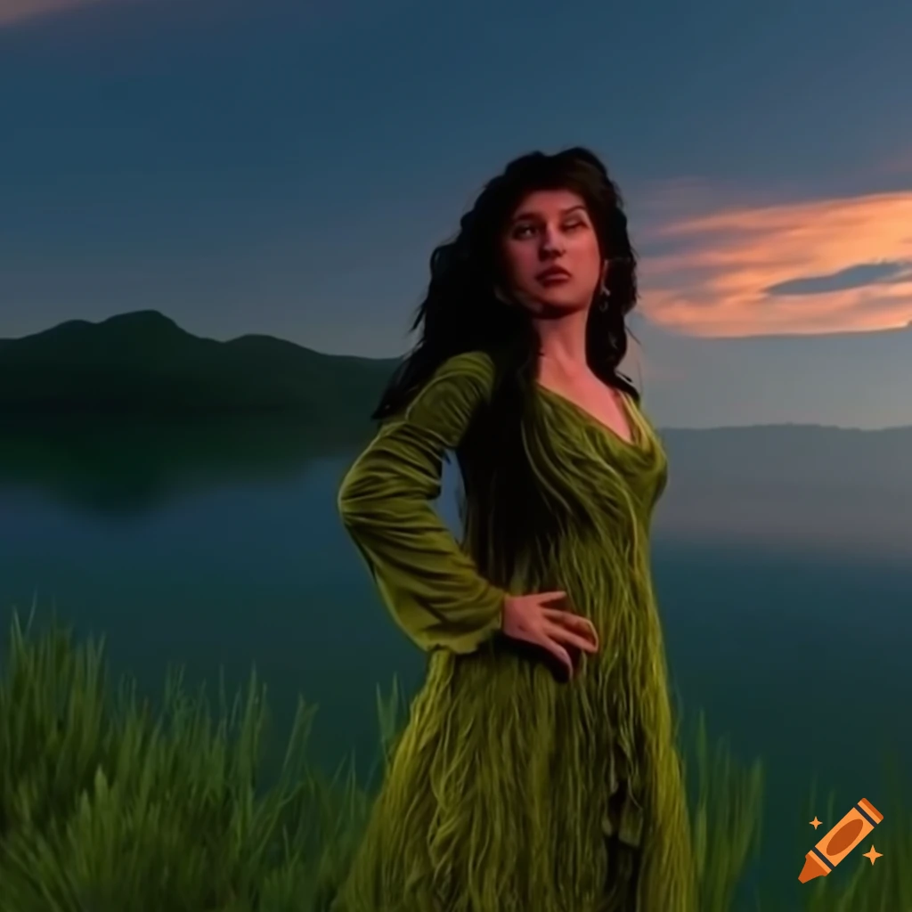 Extreme hyper-realistic portrait of a goddess at a mountain lake sunset ...