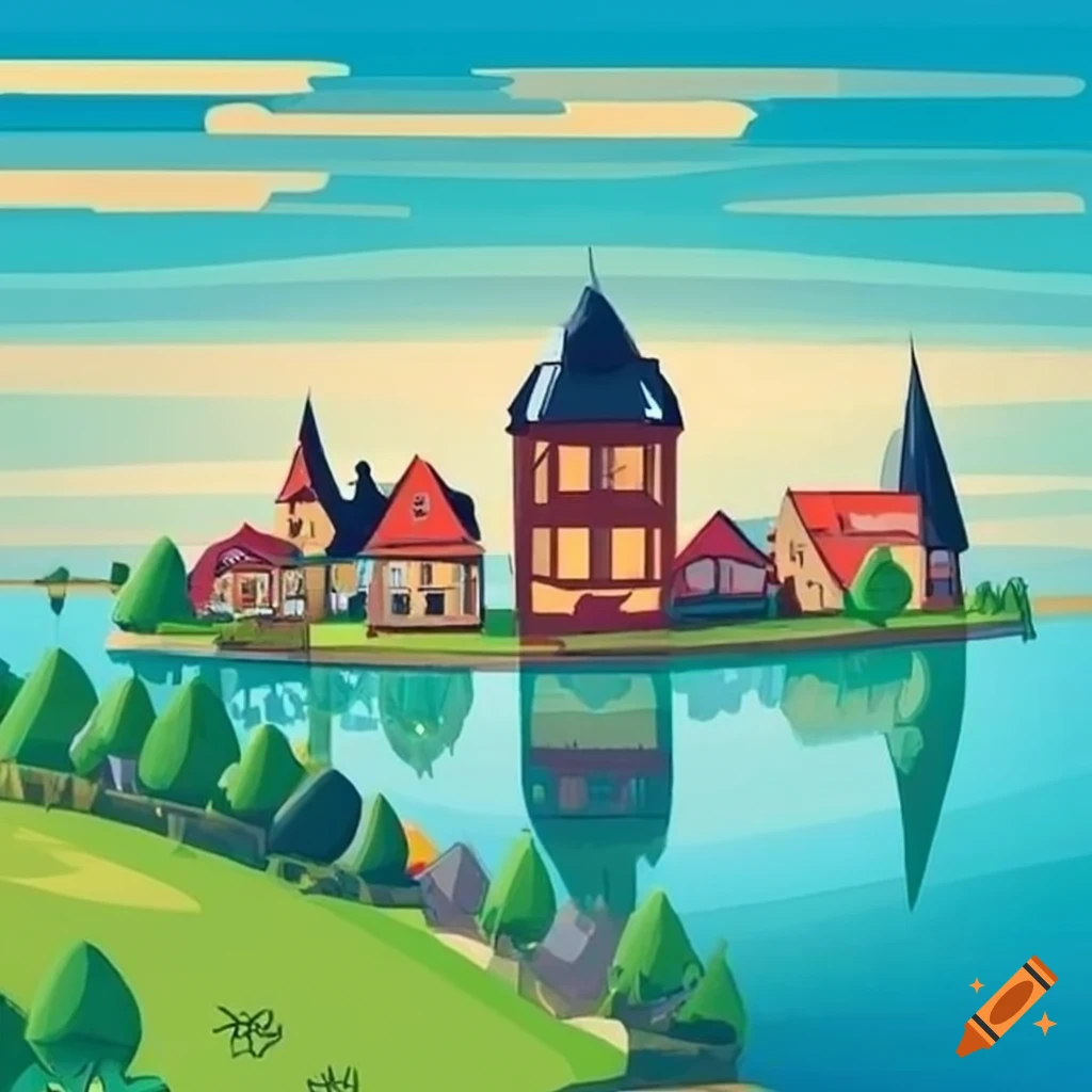 Cartoon-style illustration of a lively german town on Craiyon