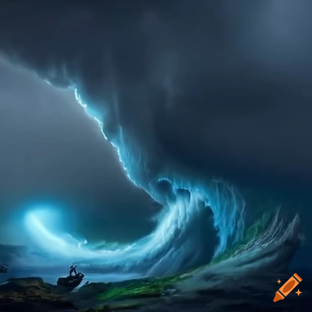 Artwork of a god conjuring a destructive storm