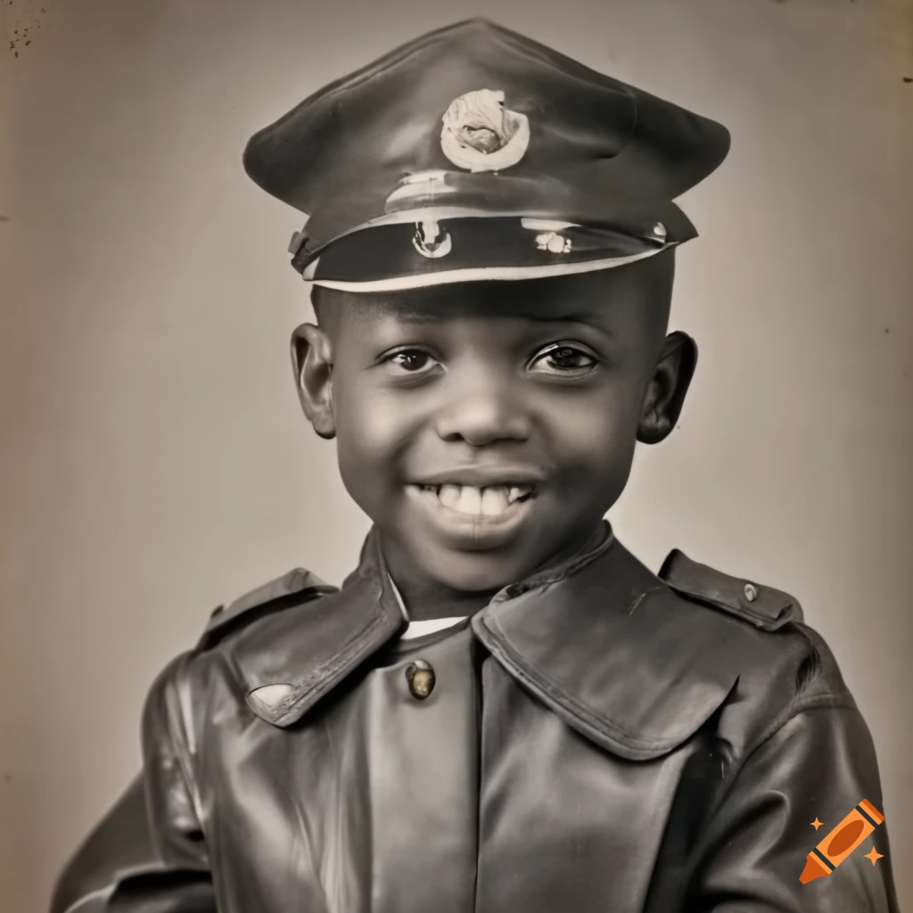 Vintage photo of a young black boy in a security guard uniform on Craiyon
