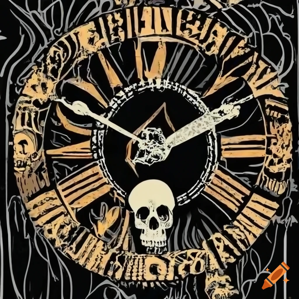 Halloween woodcut of a cuckoo wall clock with a human skull