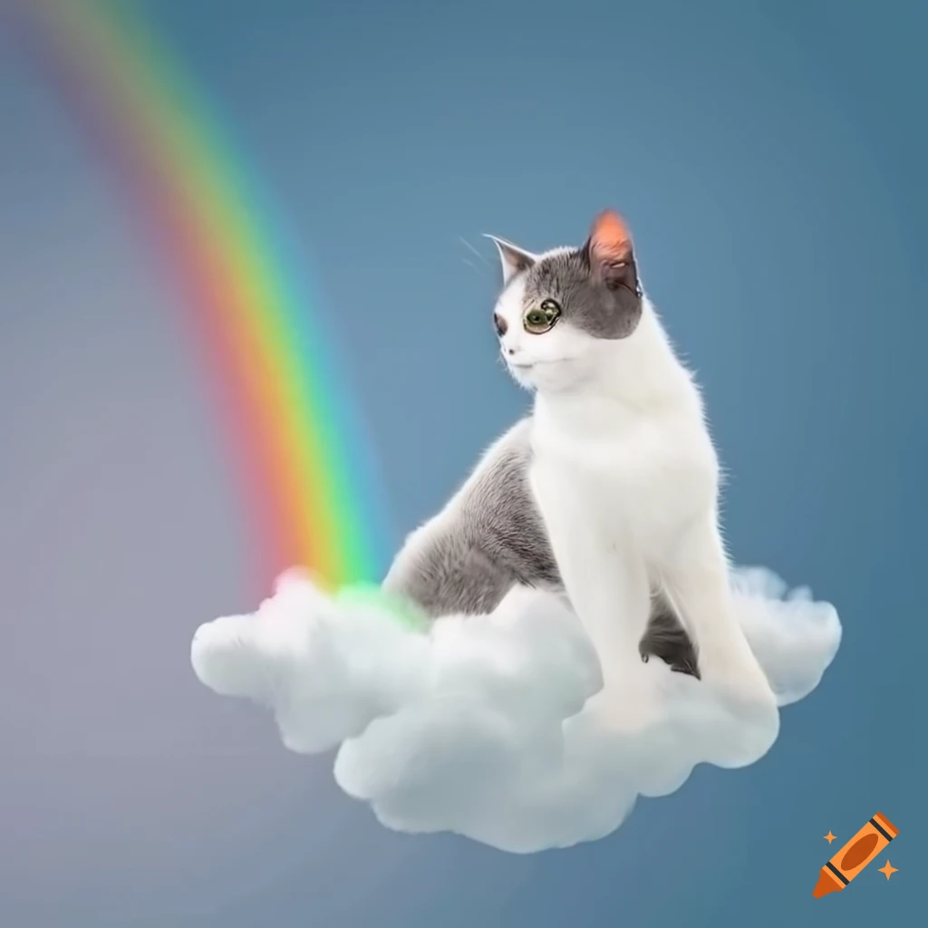 Cute cat in a cloud with rainbows on Craiyon