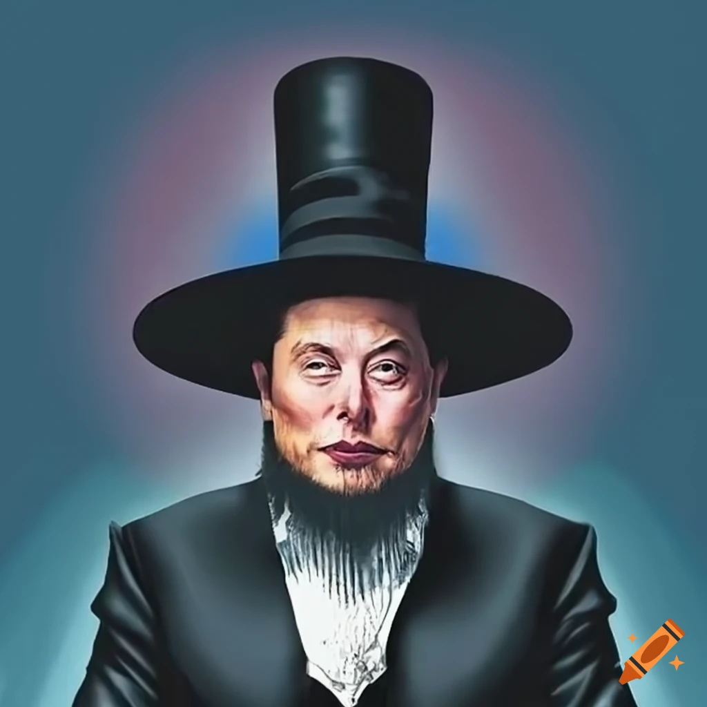 Satirical image of elon musk with a rabbi hat and a beard