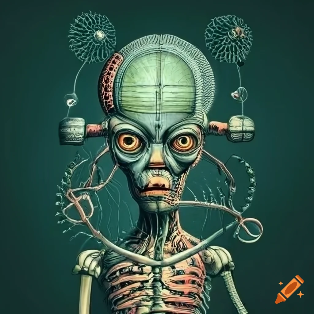 Retro illustration of a robotic alien anatomy on Craiyon