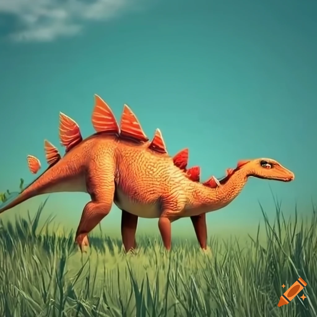 Image of a giant orange stegosaurus in wild grass on Craiyon