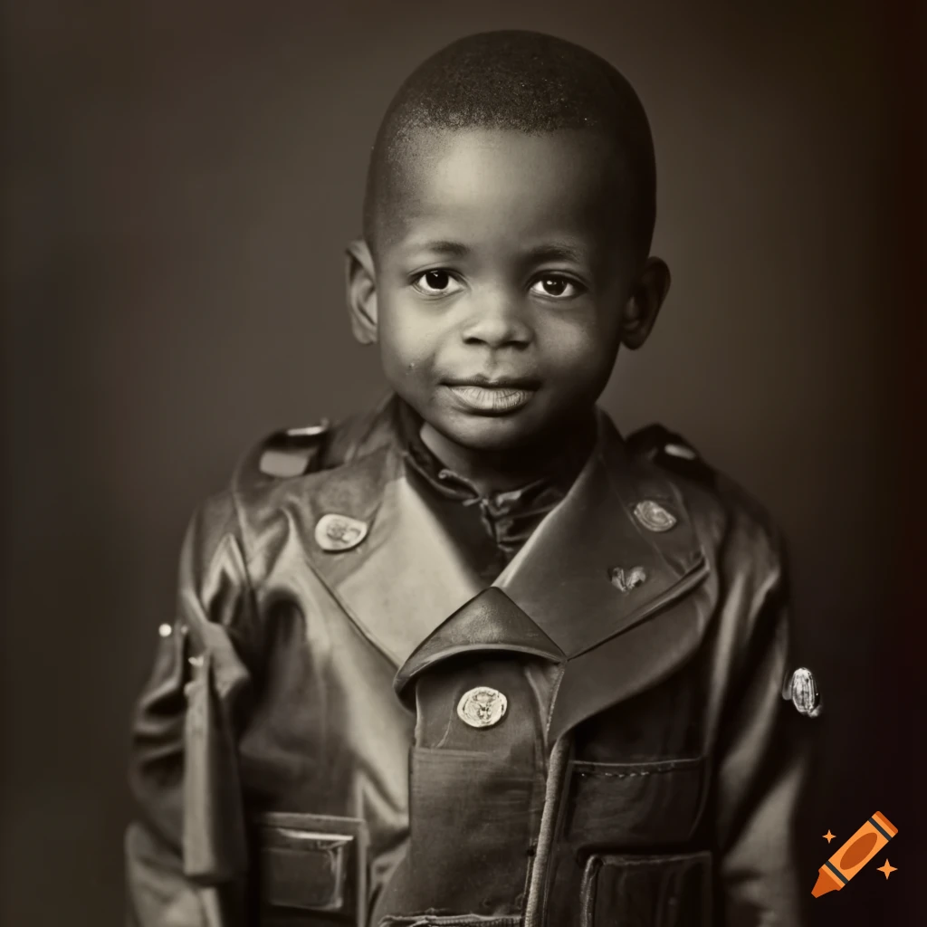 Vintage photo of a young boy in a security guard uniform on Craiyon