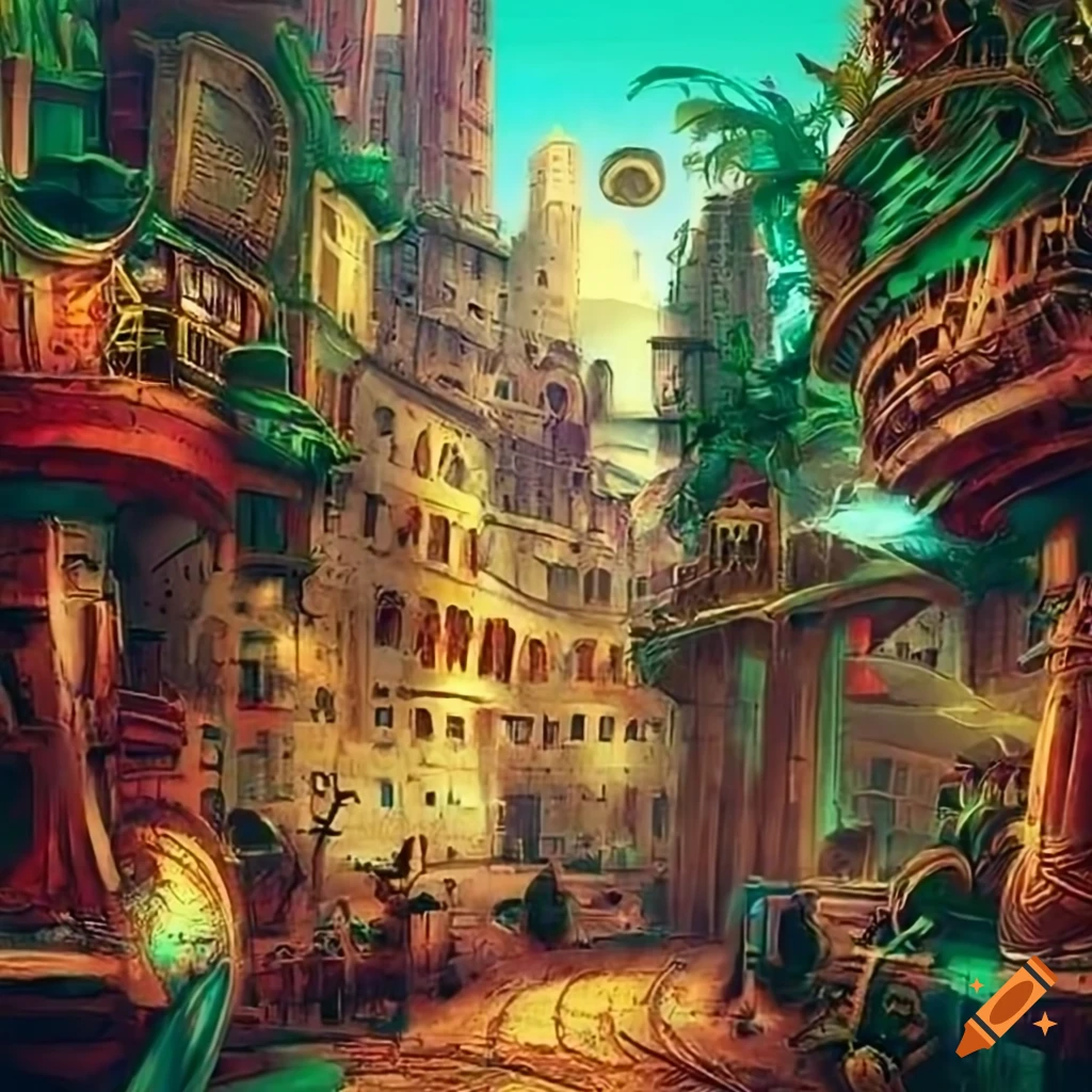 Artistic depiction of a steampunk tropical city on Craiyon