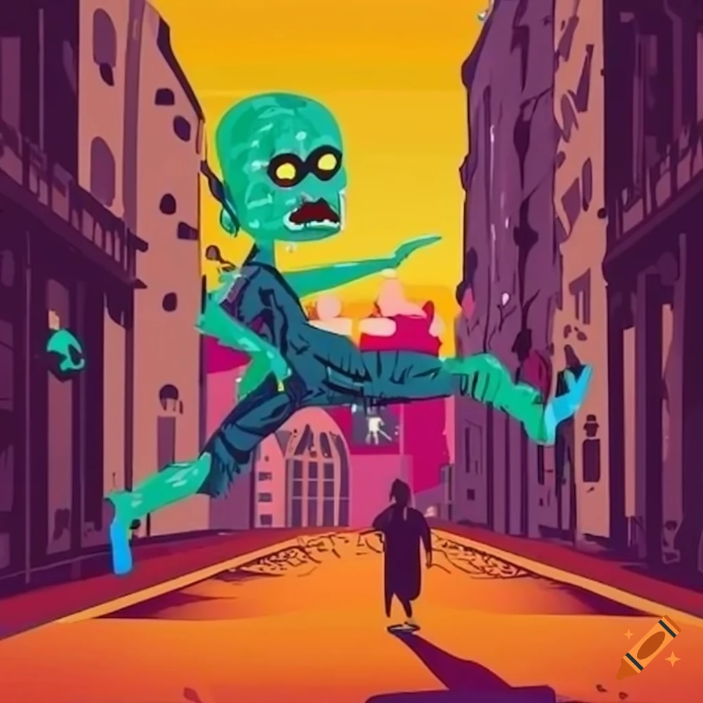 Comics style illustration of people running from zombies in the city