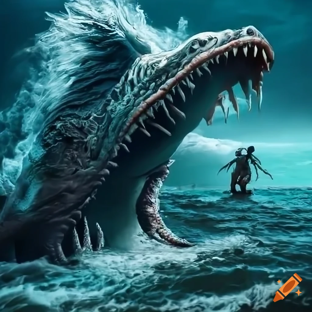 Dramatic image of a monster emerging from the sea on Craiyon