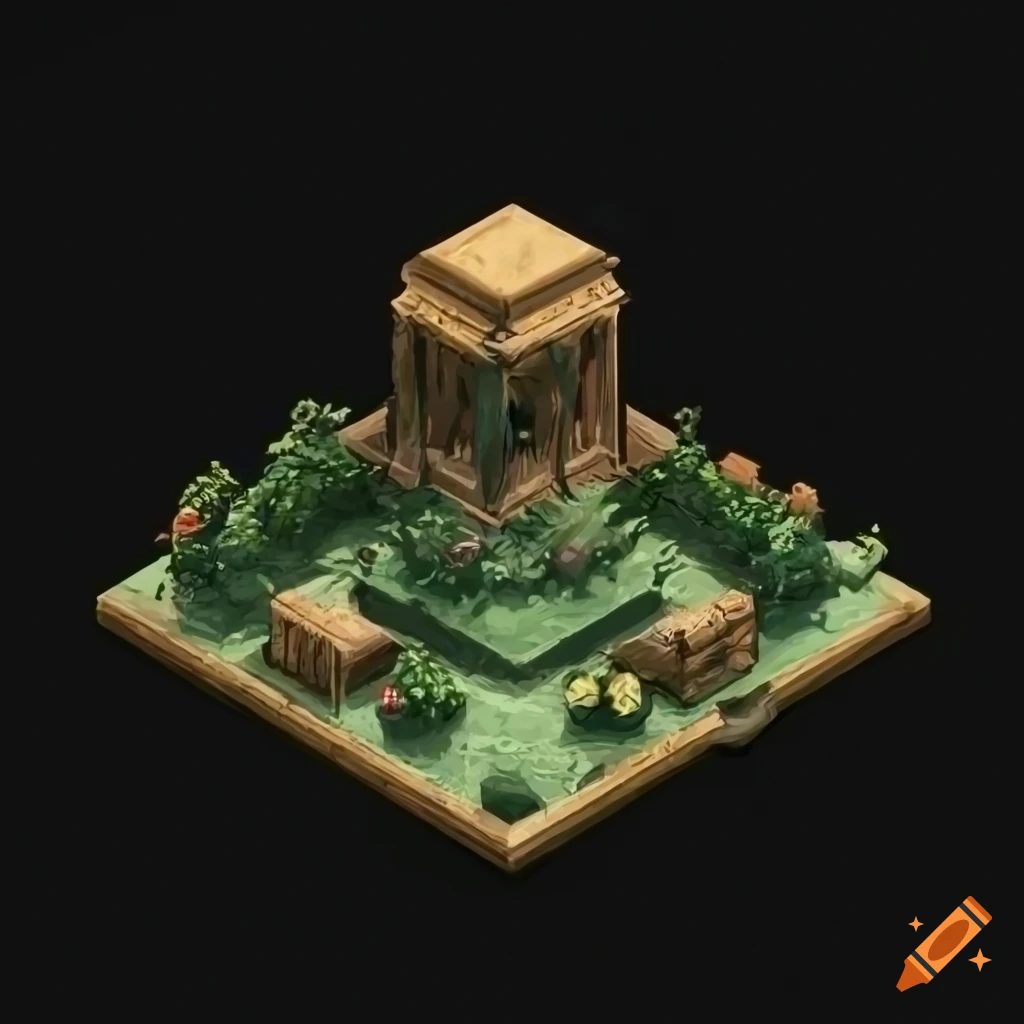 Isometric diorama of a greek-inspired temple with gardens and water ...