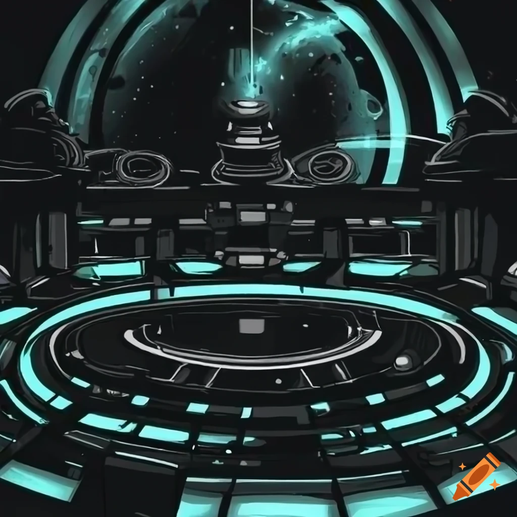 Cartoon of a futuristic black and white space base on Craiyon