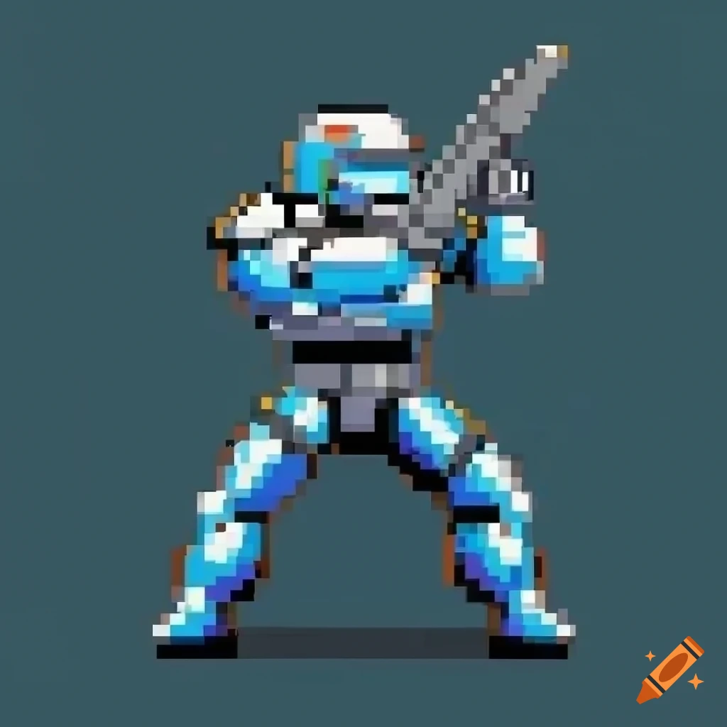 Pixel art of a futuristic marine in battle stance on Craiyon