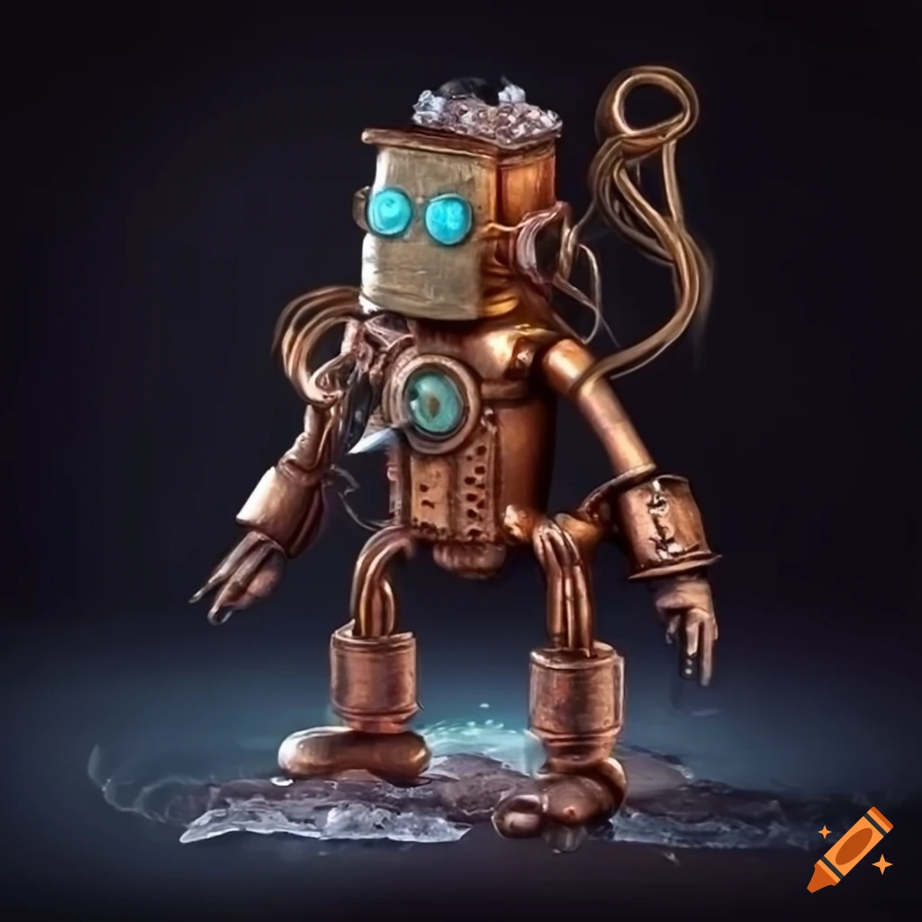 Copper steampunk robot with fridge door belly and ice on Craiyon