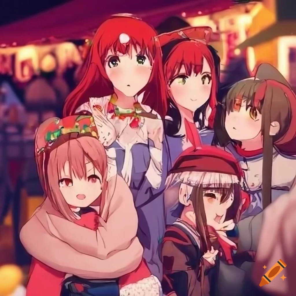 Anime girls having fun at a christmas market on Craiyon