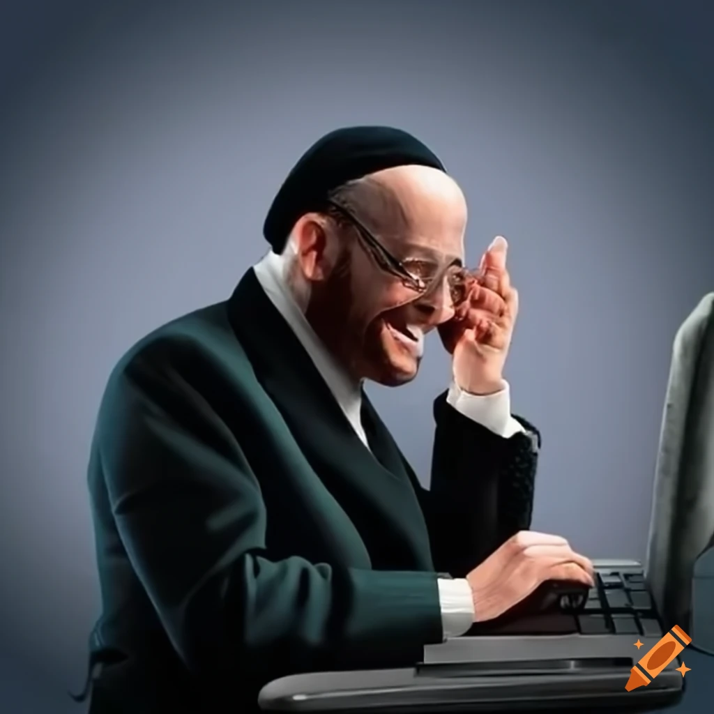 Rabbi laughing while typing on a computer on Craiyon