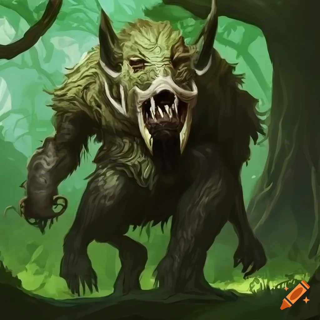 Illustration of a green boar beast in a magical forest on Craiyon
