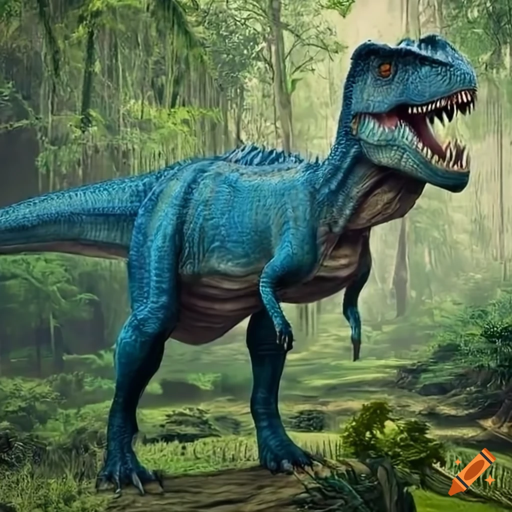 Image of a giant blue tyrannosaurus in a dense jungle on Craiyon