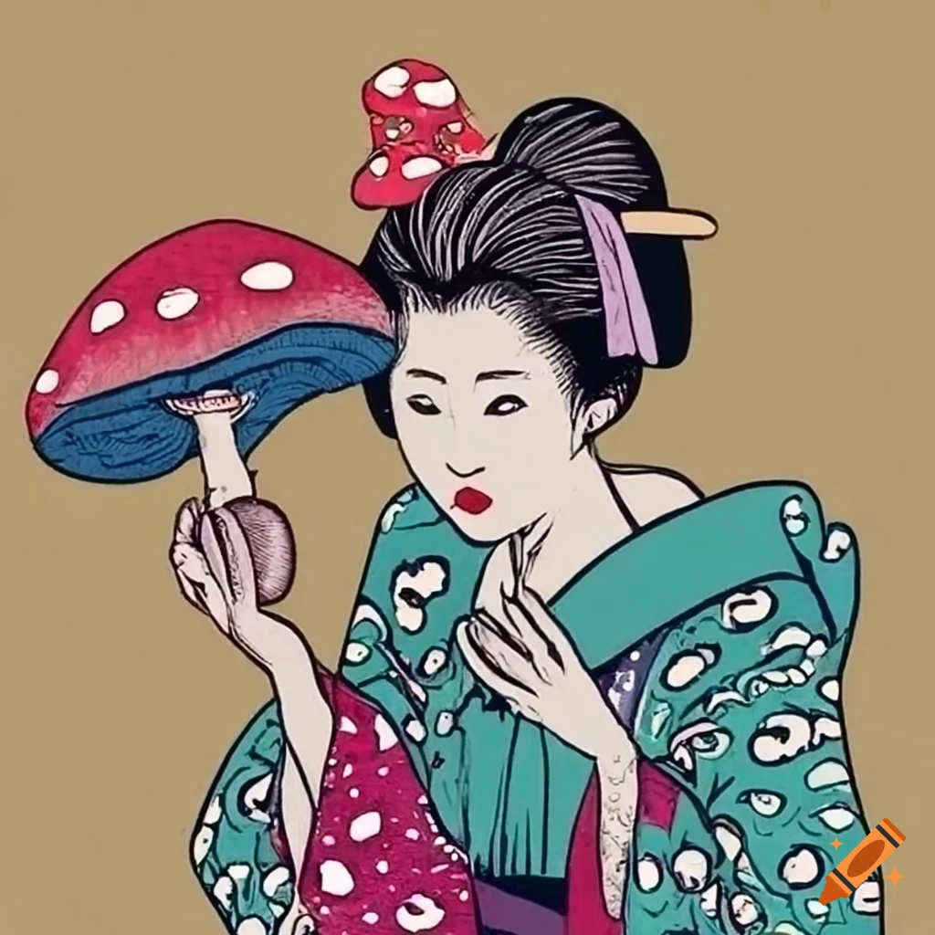 Woodcut illustration of a geisha picking mushrooms