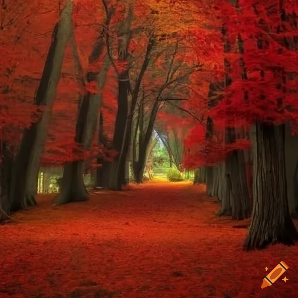 Enchanted earth mound among a captivating red forest with mesmerizing ...