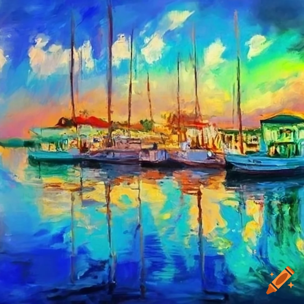 Impressionist seascape with boats and reflections on Craiyon