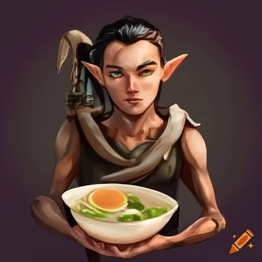 Portrait of a wood elf monk with a bowl of ramen on Craiyon