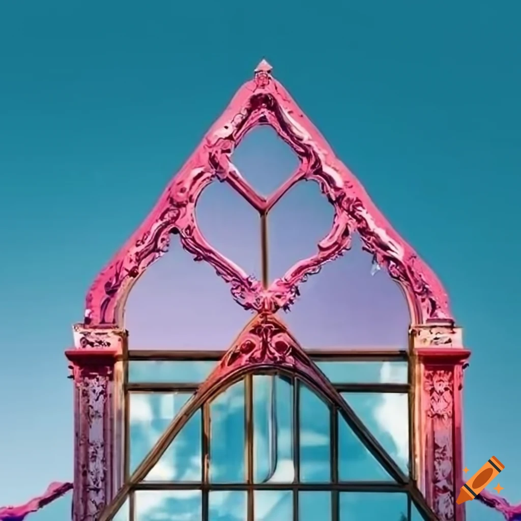 Beautiful pink sky behind a rococo glass facade on Craiyon