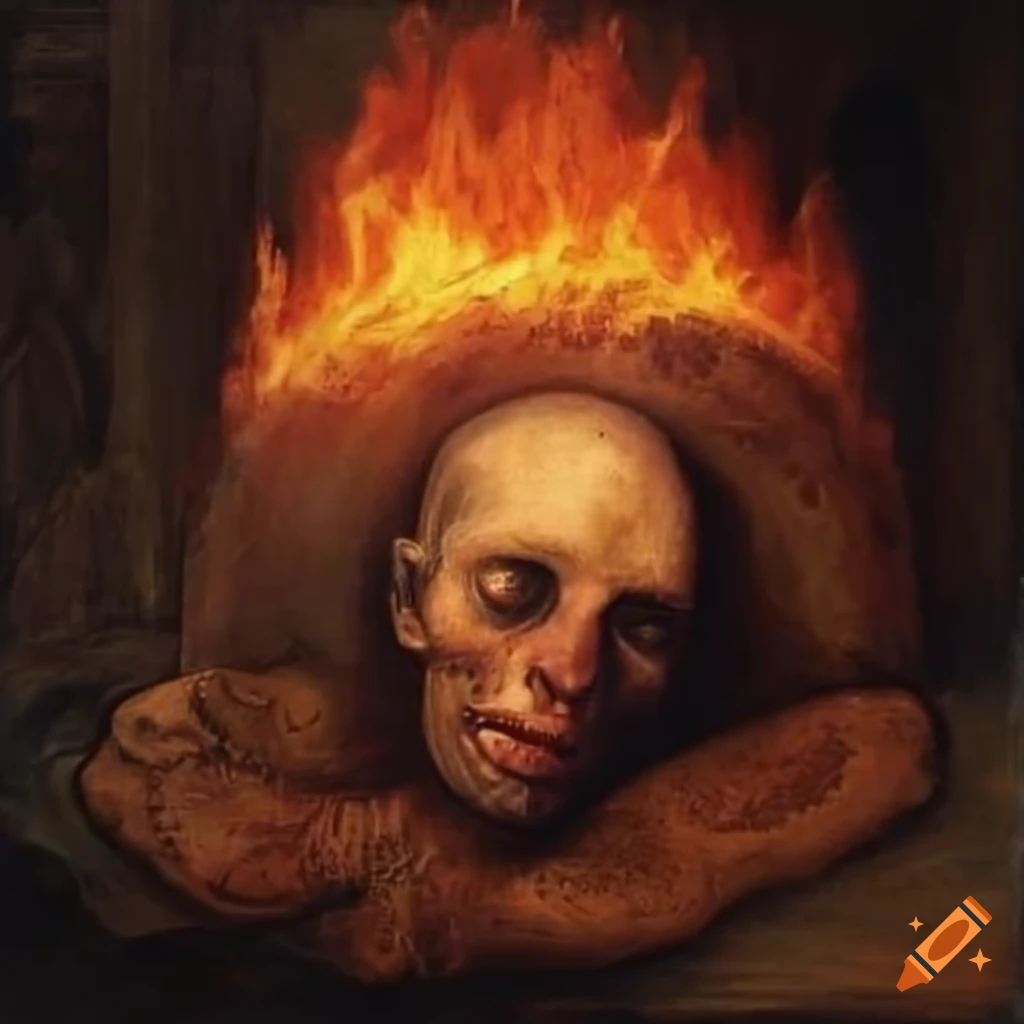 Medieval painting of a burning castle in a human head on Craiyon