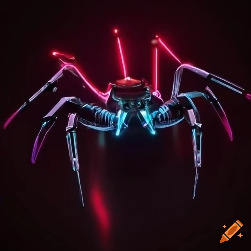 Mechanical spider with electrical energy sparks in a futuristic design ...
