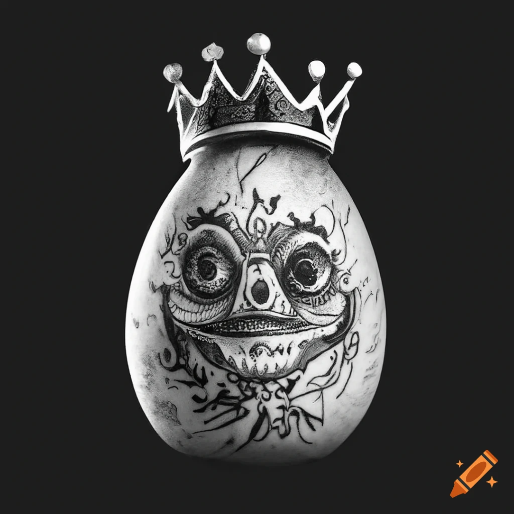 Detailed tattoo of a crowned egg on a black background