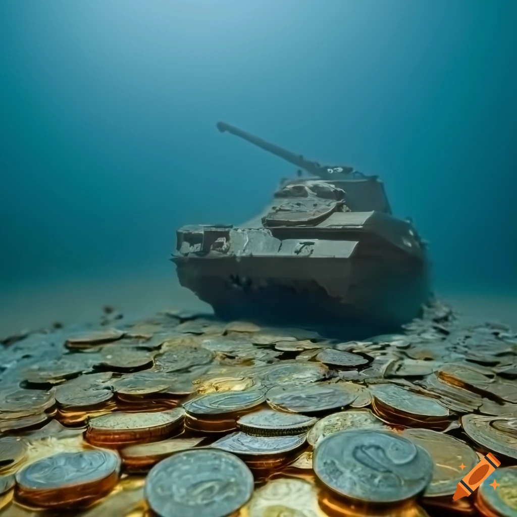 Artistic depiction of a tank surrounded by gold coins on Craiyon