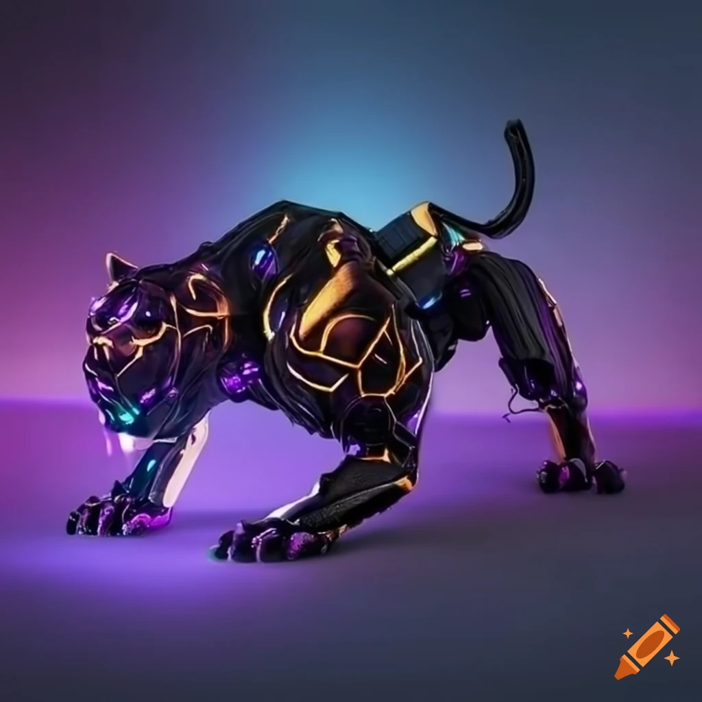 Cyberpunk mechanical panther with gold and purple accents on Craiyon