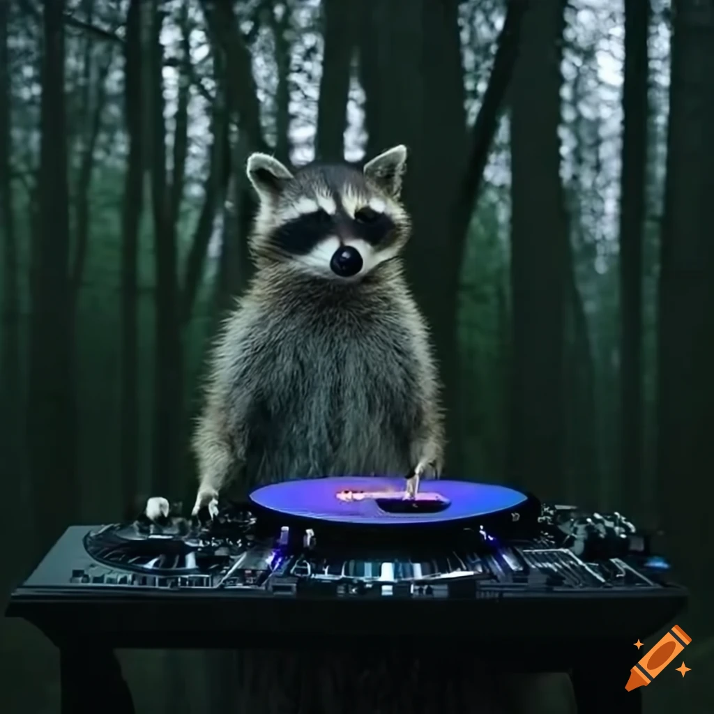 Artwork of a dj raccoon in a dark forest on Craiyon