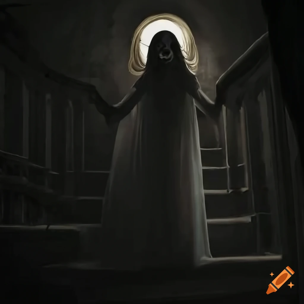 Female ghost on a dark staircase on Craiyon