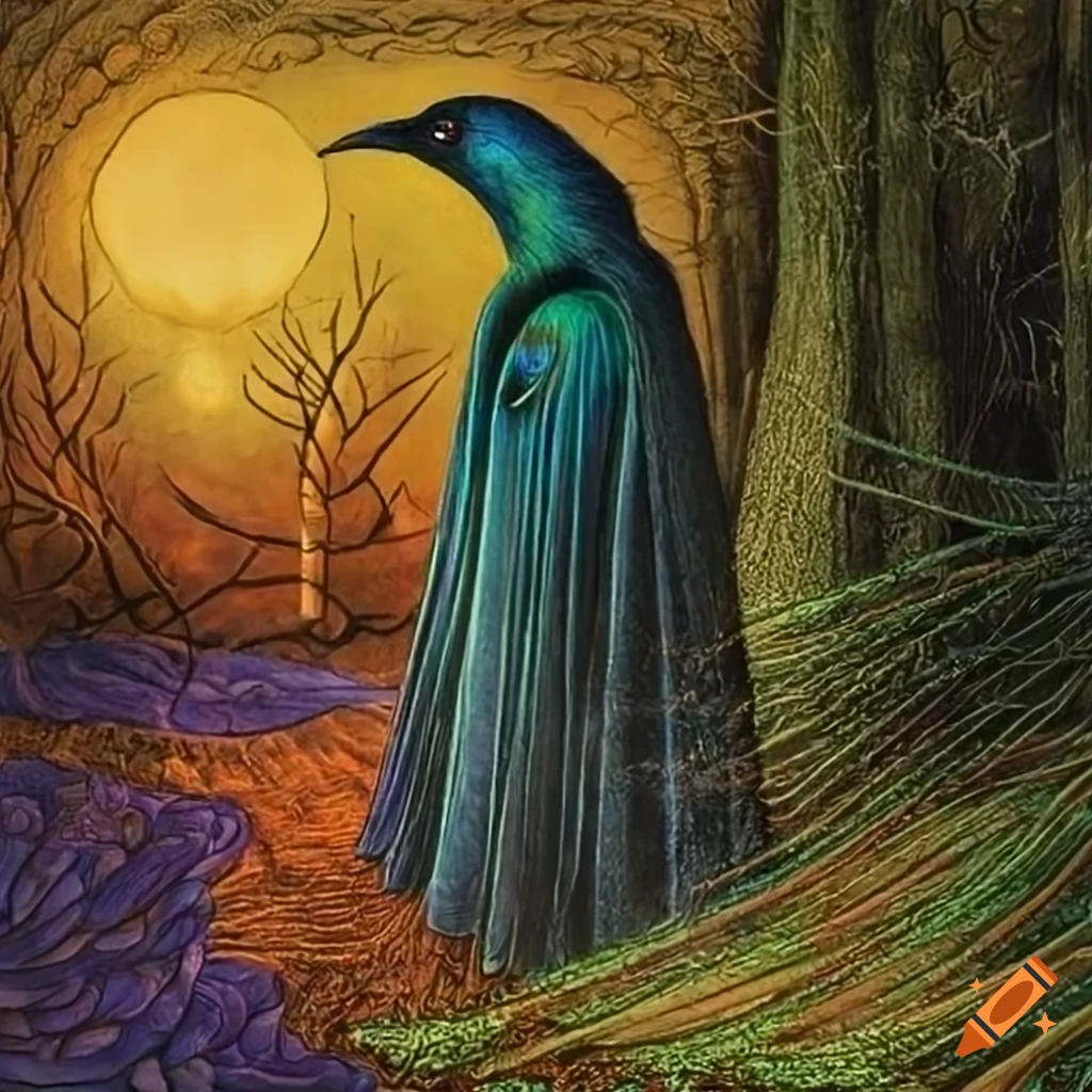 Illustration of a raven in a forest garden wearing a colorful cloak