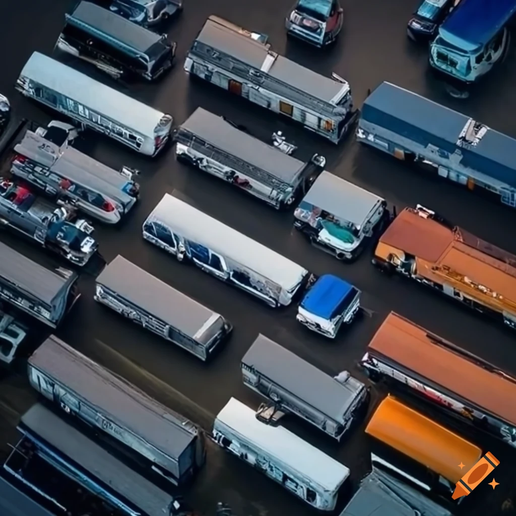 Modern and sleek aerial view of a fleet of 200 trailer trucks on Craiyon