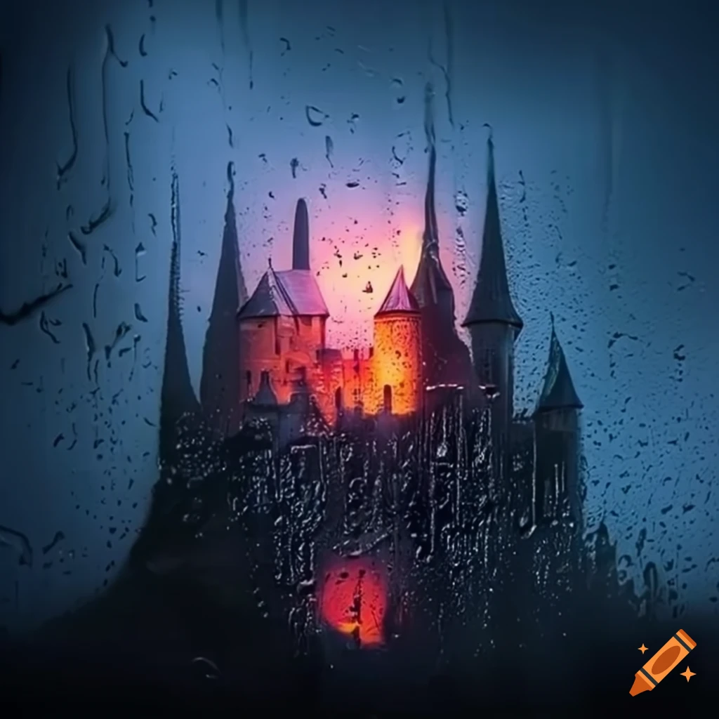 Castle window on a rainy night