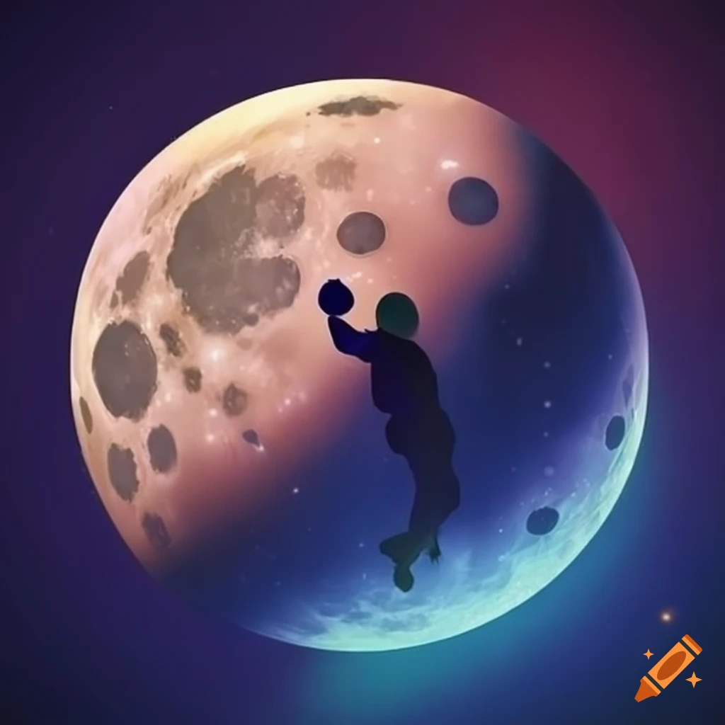 Person raising arm looking at the moon in a space setting on Craiyon