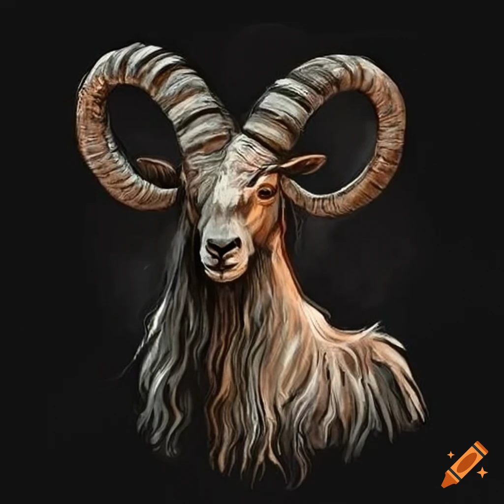 Side view of a goat with big horns in a thunderstorm on Craiyon