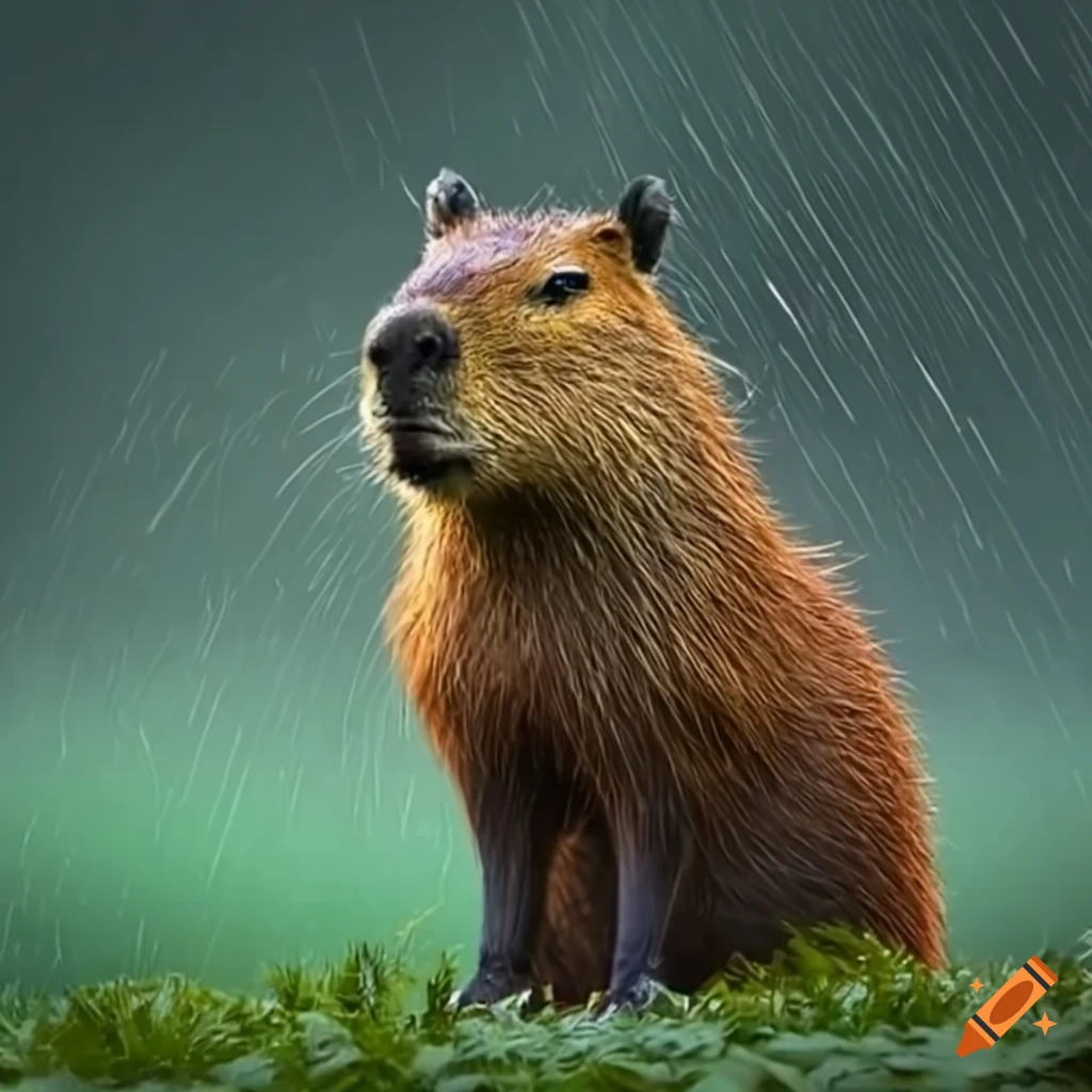 Capibara standing in heavy rain on Craiyon