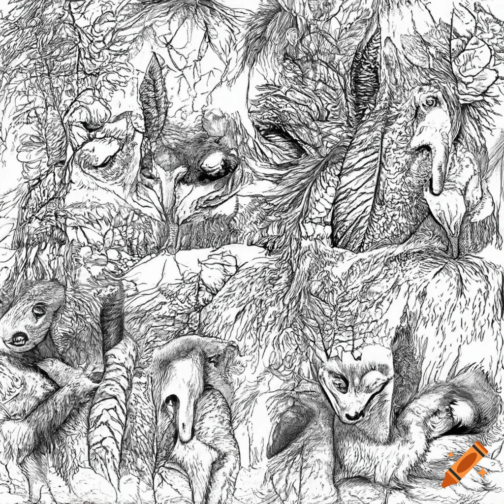 Line art of a woodland scene with hidden foxes on Craiyon