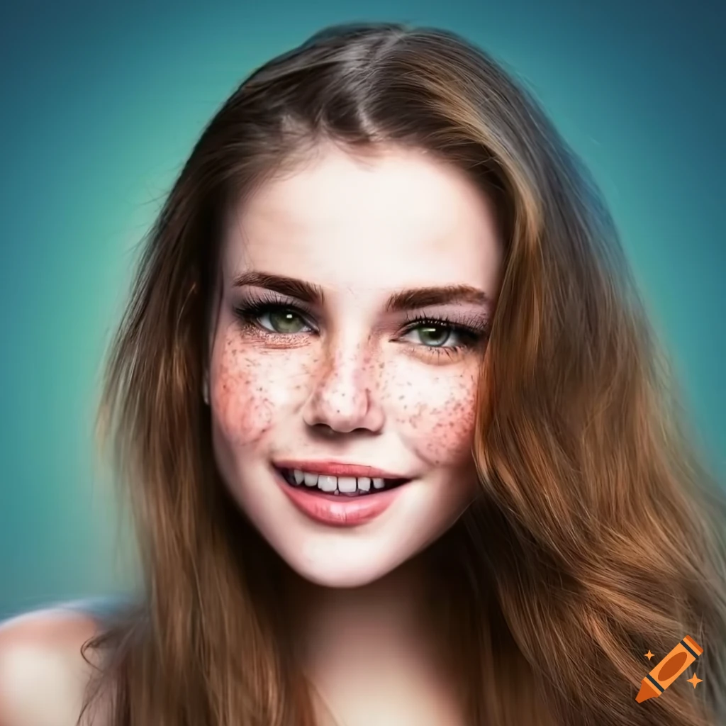 Portrait of a beautiful young woman with freckles and brown hair on Craiyon