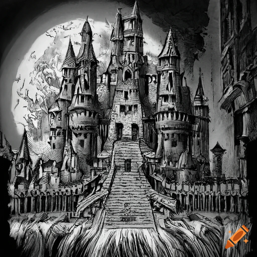 Detailed manga illustration of Hyrule castle in Berserk style on Craiyon
